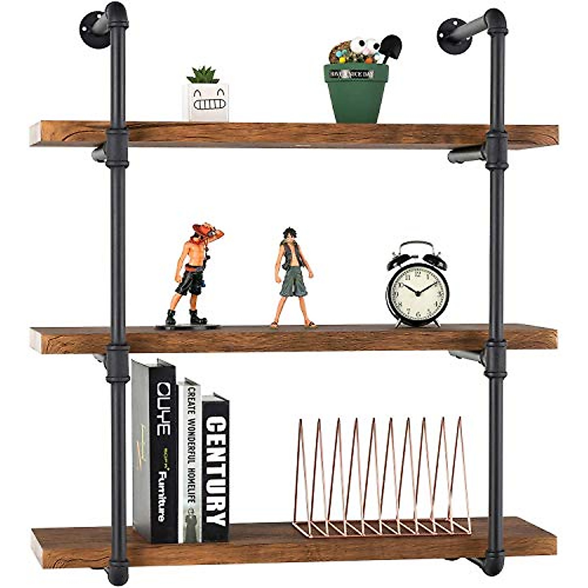 mecor Industrial Pipe Shelves with Wood 3 - Tiers, Rustic Wall Mount Shelf 35.1in,Metal Hung Bracket Bookshelf,DIY Storage Shelving Floating Shelves