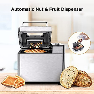 15-in-1 Bread Maker with Fruit and Nut Dispenser, 2.2LB Fully Stainless Steel Bread Machine, Nonstick Ceramic Pan, 3 Loaf Sizes & 3 Crust Colors, Recipes, Silver