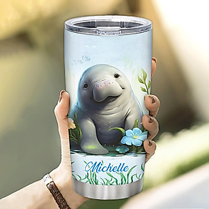 Hyturtle Personalized Gifts Manatee Lover - My Spirit Animal Is A Manatee Custom Name Stainless Steel Tumbler 20 oz With Lid - Idea Cute Sea Animal Lover Gifts For Women, Girl On Birthday, Christmas