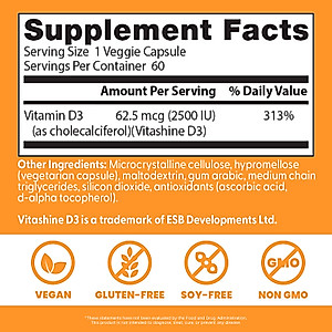 Doctors Best Vegan D3 2500 IU (Vitashine), Plant Sourced Vitamin D3, Non-GMO, Gluten Free, Soy Free, Vegan 60 Veggie Caps