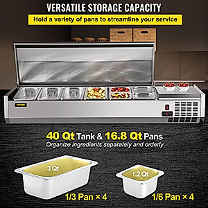 VEVOR 40Qt Sandwich Table 150W Stainless Salad Bar Refrigerated Condiment Prep Station, 60in, Silver