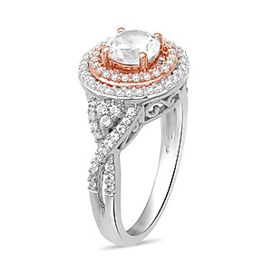 Jewelili 14k Rose Gold Plated Sterling Silver with 6 MM Centre Round Created White Sapphire Halo Ring, Size 7