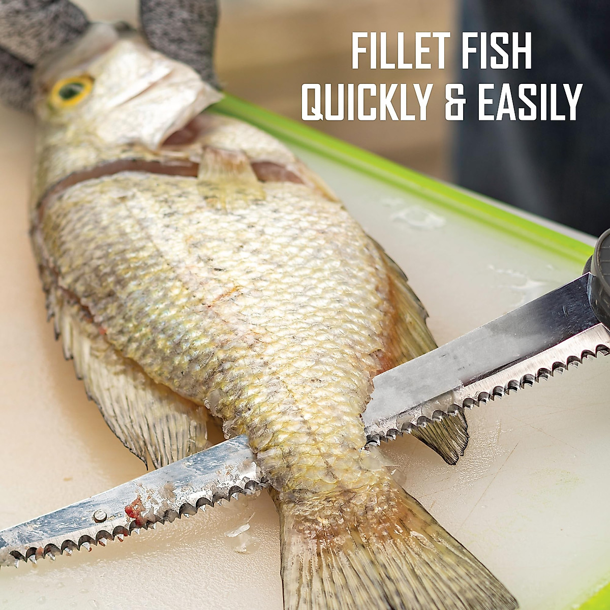 Smith's Lawaia Electric Fillet Knife 51233-2 Removable 8” Serrated Stainless Steel Blades w/Sheath - Fillet Glove & Mesh Storage Bag - Fishing, Outdoor, Hunting Electric Knife - 6 ft Power Cord, White