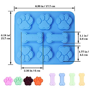 2 in 1 Silicone Molds，2 Pack Silicone Puppy Paw Print & Dog Bone Shaped Molds ，with 3 Packs Stainless Steel Bone Cookie Cutter-Blue&Pink-Set of 5