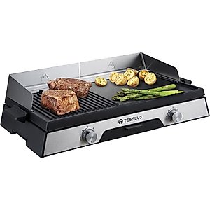Tesslux XL Electric Indoor Grill, 20” Non-stick Griddle Combo, 1600W Fast Heating, Dual Temperature Control, Detachable for Easy Cleaning