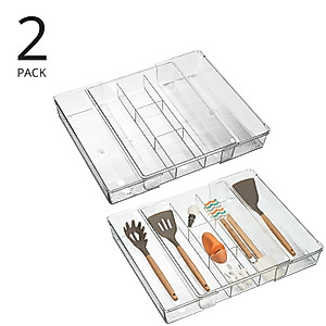 mDesign Dual Expandable Plastic In-Drawer Utensil Organizer Tray Deep 5 Section Divided for Kitchen Organization; Holds Cutlery, Flatware, Silverware, Cooking Utensils, Ligne Collection, 2 Pack, Clear