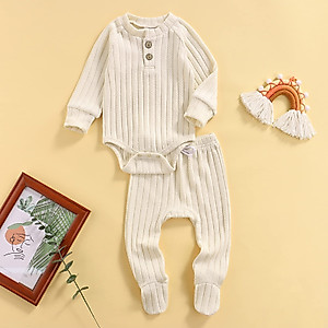 Qiylii 2 Piece Newborn Baby Girls Boys Clothes Sets Infant Solid Color Knit Cotton Romper Tops Pant Footies 0-18M (Beige, 0-3 Months)