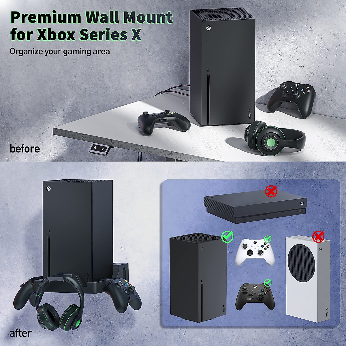 Narati Wall Mount for Xbox Series X, Wall Mount Kit for Xbox Series X with 2 Controller Holder & Headphone Hook, Integrated and Heat Ventilation Design, Mount Console Facing Forward