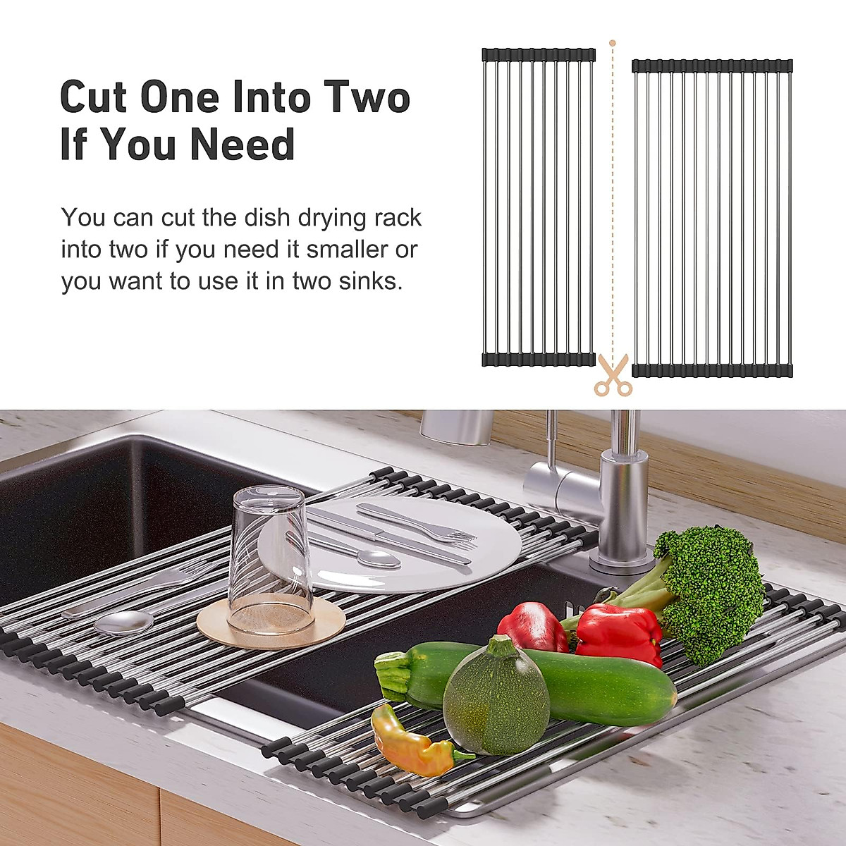EMBATHER Roll Up Dish Drying Rack Over The Sink, 20.8'' x 18.1'' Dish Drying Rack for Kitchen Counter, Multipurpose Silicone Wrapped Foldable Kitchen Drainer Rack, Anti-Slip, Black