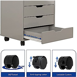 SANYOAC 5 Drawer Chest, Mobile File Cabinet with Wheels, Wood Storage Cabinets, Home Office Storage Cabinet, Mobile Lateral Printer Stand with Removable Wheels(Beige Grey)