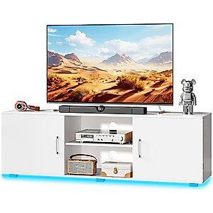 Huuger TV Stand for 55 Inch TV, Entertainment Center with LED Lights, 2 Cabinets, TV Console Media Cabinet with 6 Cable Holes, White TV Stand for Living Room, Bedroom