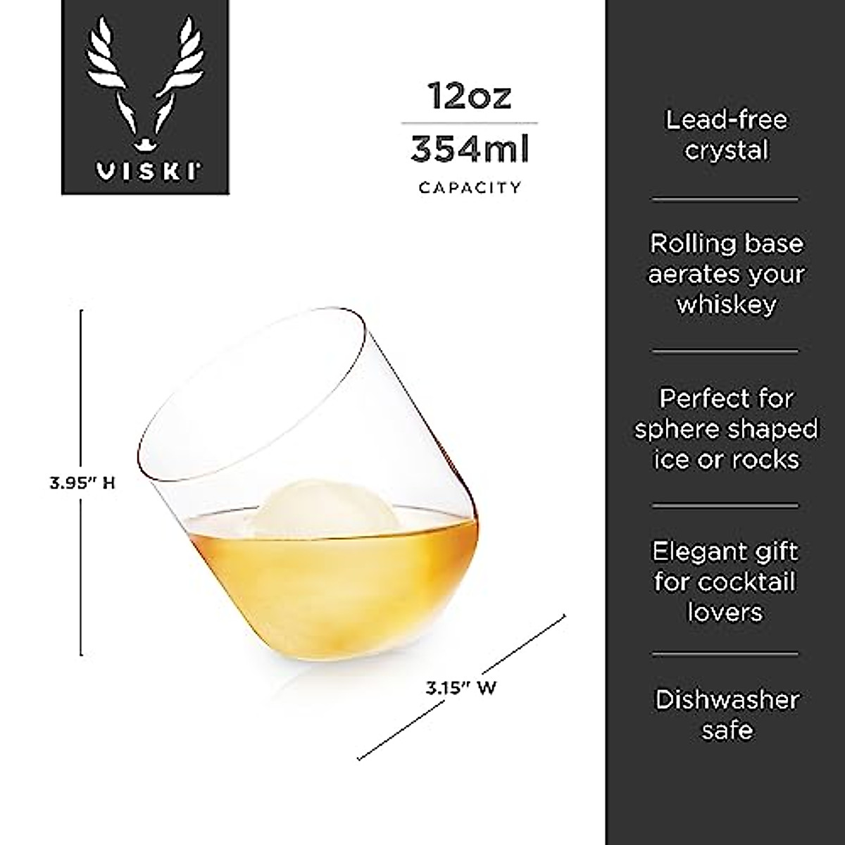 Viski Rolling Crystal Whiskey Tumblers Set of 2 - Premium Crystal Clear Glass, Classic Lowball Cocktail Glasses, Scotch Glass Gift Set - 12 oz