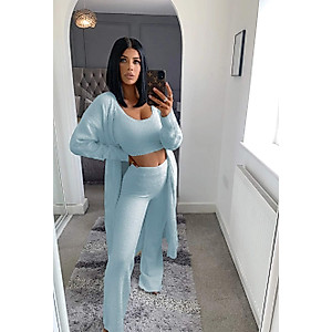Fixmatti Women Lounge Set 3 Piece Fuzzy Fleece Crop Tops and Pants Open Front Cardigan Pajama Set Light Blue XL