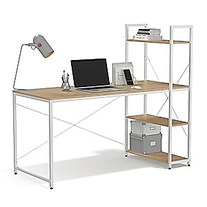 Ames 55" Reversible Gaming Computer Desk with Adjustable Shelves, Home Office Desk, Grommet Cable-Management, Leveler Feet, Easy Assembly, White/White Oak