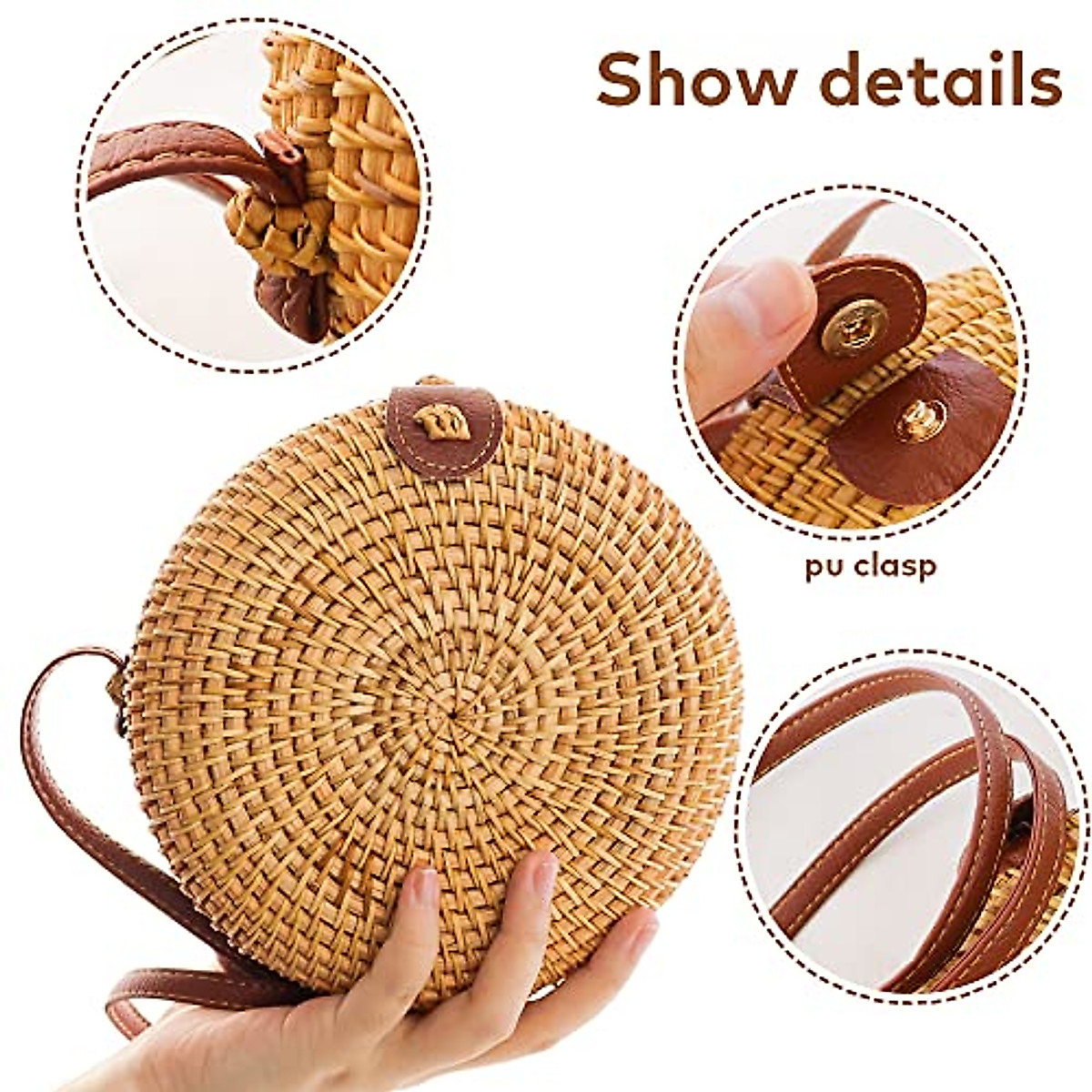 WYBG Handwoven Boho Rattan Bag with Leather Strap Round Circle Woven Wicker Chic Women Handbag Handmade Bali Ata Shoulder Bag Weave Crossbody Bag Wicker Straw Purse for Women Girls