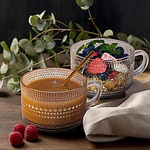 Anbanglin 4Set Vintage Coffee Mugs, Glass Cups with Spoons, 14OZ Elegant Embossed Tea Cups, Glass Coffee Cups for Ice Coffee, Cereal, Yogurt, Ideal Gift