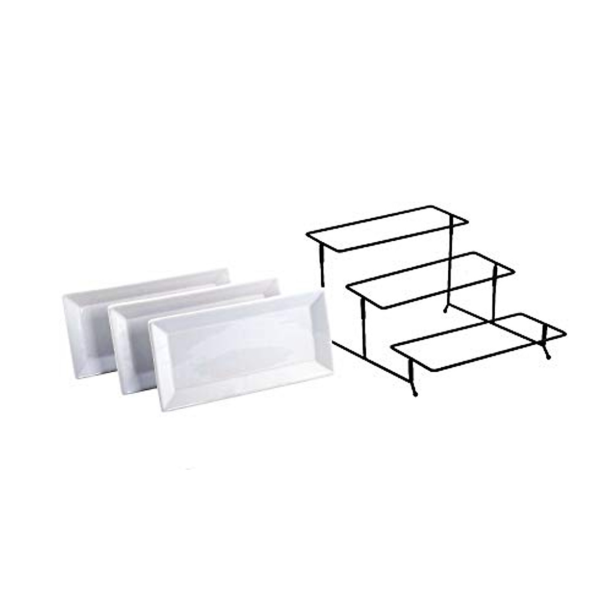 Imperial Home Tiered Platter Stand w/Rectangle Plates, Appetizer Serving Tray, Dessert Display for Tea Party, Brunch Decor, Home Entertaining, for Cake Pops, Fruit, Cupcakes, Cookies, White/Black