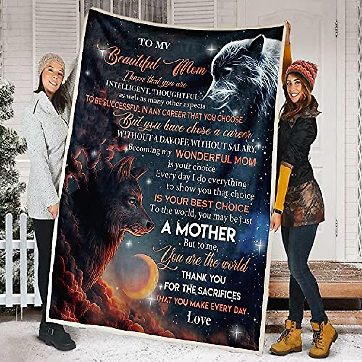 Gadgetstalk Becoming My Wonderful mom is Your Choice Wolf and Moon Blanket Love Blanket Throw to My Beautiful Mom from Daughter & Son Birthday Thick Throw for Office 50x60 inch