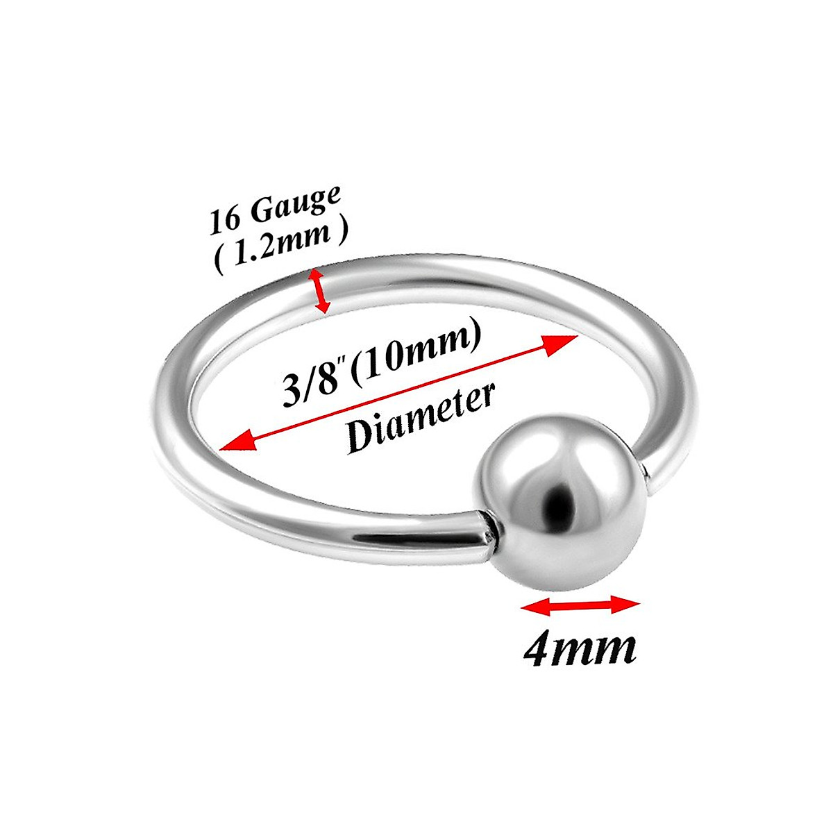 bodyjewellery 4pcs 16g Captive Bead Ring Cartilage Hoop Septum Nose Tragus Snake Bite Lip BCR Rook Helix Conch Eyebrow 4mm Ball - 10mm