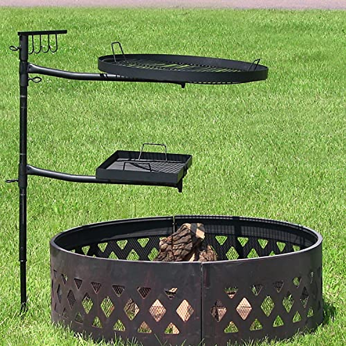 Sunnydaze Dual Campfire Steel Cooking Grill Grate Swivel System - Outdoor Adjustable Fire Pit BBQ Grilling Accessory Set with Stand - Ground Stake with 2 Swing Grates