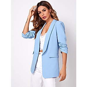 WDIRARA Women's Open Front Ruched Half Sleeve Blazer Elegant Office Work Jacket Pure Plain Blue XS