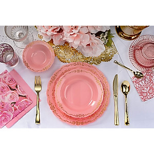 Exquisite 60 Pcs Disposable Plastic Plates | Victorian Design Premium Disposable Plates | 9 inch. Pink & Gold China Like Plastic Plates For Parties & Weddings
