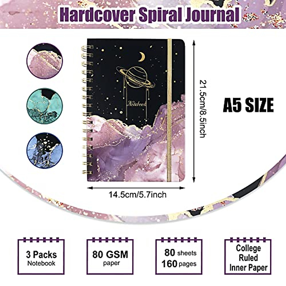 EOOUT 3 Pack Spiral Notebook Journals for Women College Ruled Notebook, 6"x 8.5", 160 Pages, Back Pocket, for Gifts, Office, School Supplies