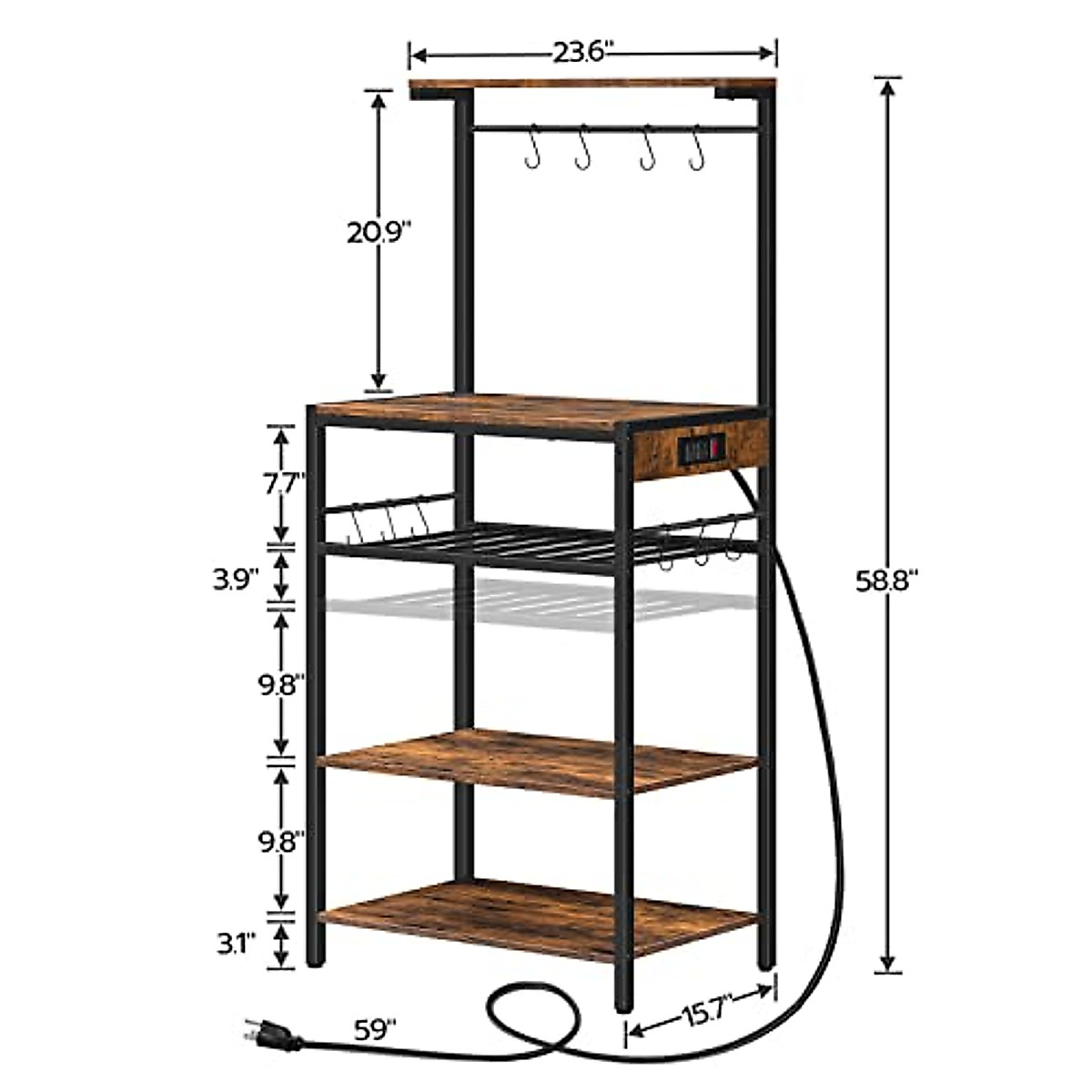 HOOBRO Bakers Rack with Power Outlet, 4-Tier Microwave Stand with Adjustable Wine Rack, Coffee Bar with 10 S-Shaped Hooks, for Kitchen, Living Room, Dinning Room, Rustic Brown BF60UHB01