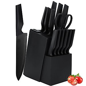 Knife Set, 14 Pieces Kitchen Knife Set with Built-in Sharpener Block, Self Sharpening Knives Sets, Stainless Steel Knife Block Set, Black