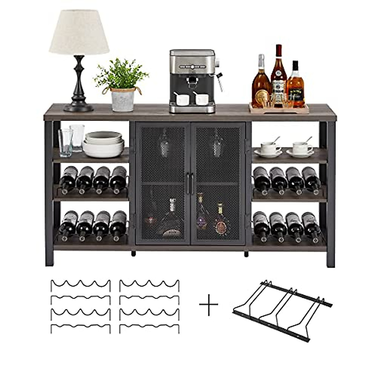 FATORRI Industrial Wine Bar Cabinet for Liquor and Glasses, Farmhouse Metal Sideboard & Wood Coffee/Buffet Cabinet with Wine Rack (55 Inch, Walnut Brown)