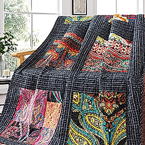 Travan Real Patchwork Quilted Throw Blanket Retro Cotton Blanket for Bed Couch Sofa (Lush Style, Throw Blanket), 60 x 78Inch