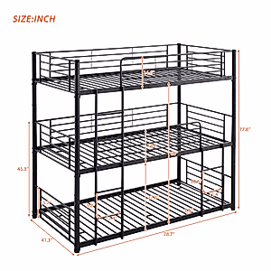 Majnesvon Metal Twin Size Triple Bunk Bed, Twin-Over-Twin-Over-Twin Triple Bed Frame Can be Split into 3 Bed with Built-in Ladder and Guardrails for Teens, Boys, Girls (Black)
