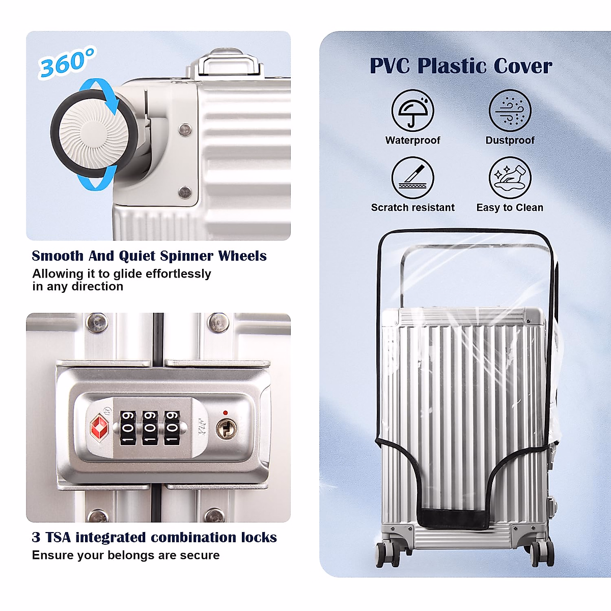 DOMINOX All Aluminum Carry On Luggage Hard Shell Luggage Aluminum Suitcase for Travel Zipperless Luggage Checked Luggage with Silent 360° Spinner Wheels 26 In. (Vertical Grain Style, Sliver)