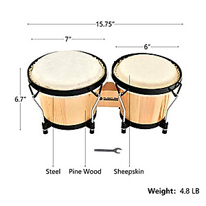 MUSICUBE Bongo Drum Set with Tuning Wrench Professional Wooden Percussion Instrument for Beginner Adults Kids (Natural Skin)