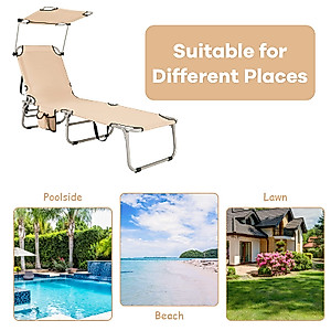 GYMAX Beach Chair with Canopy Shade, Folding Tanning Lounge with Adjustable Backrest, Carry Handle & Side Pocket, Sunbathing Chair for Outside, Patio, Poolside, Lawn (1, Beige)