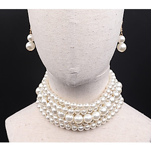 Wekicici Pearl Necklace Earrings Set Multi-Layer Pearl Choker Necklace Costume Accessories for Women