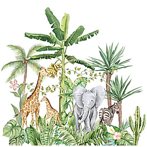 Tropical Rainforest Animals Plants Wall Stickers, AUHOKY Removable Cartoon Elephant Giraffe Nordic Plant Wallpaper Decor, Peel and Stick Art Murals for Kids Bedroom Background Nursery Home Decorations