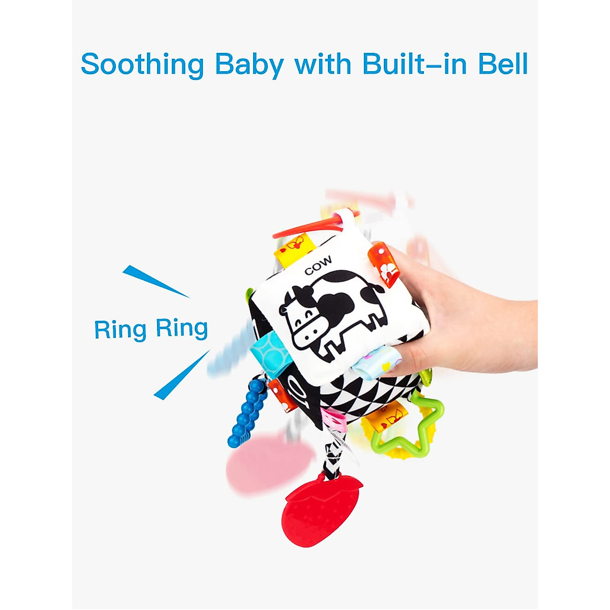 Jollybaby Baby Car Seat Toys with Rattles & Teether, Black & White High Contrast Stroller & Pram Toy, Crib Bed Plush Hanging Toy for 0 3 6 9 12 Months Newborn, Toddlers, Infants(Cube)