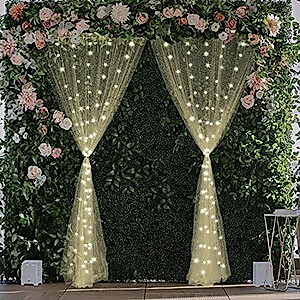 Champagne Tulle Backdrop Curtain with Lights String for Parites Wedding Sheer Backdrop Curtains for Bridal Shower Baby Shower Birthday Party Photo Shoot Background Wall Decorations 2 Panels 5×8ft