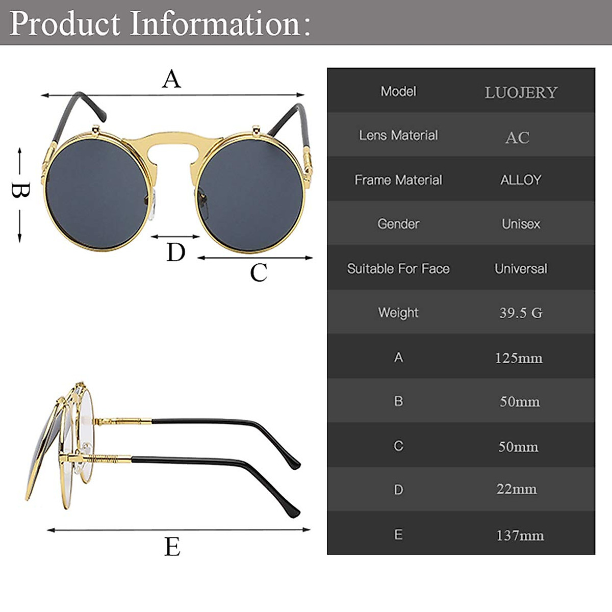 luojery Retro Round 80's Flip Up Steampunk Sunglasses Mirror Vintage Circle Sun Glasses Eyewear for Men Women (Gold Frame Grey Lens, as the picture)