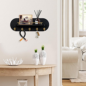 SANY DAYO HOME Wall Mount Wood Key Holder Rack – 14" x 5" Black Floating Entryway Shelf with 5 Gold Hooks and Guardrail for Keys, Plants, and Accessories