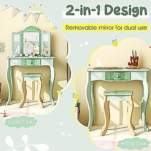 TUOCHUFUN Girls Vanity, 2 in 1 Kids Vanity Princess Makeup Dressing Table Chair Set with Tri-fold Mirror (Green)