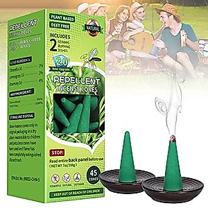 Mosquito Repellent Incense Cones Bug Repellent Outdoor 45 Cones 100% Natural.Made with Natural Lemongrass & Rosemary Oil Non Toxic and DEET Free-Includes 2 Ceramic Dishes