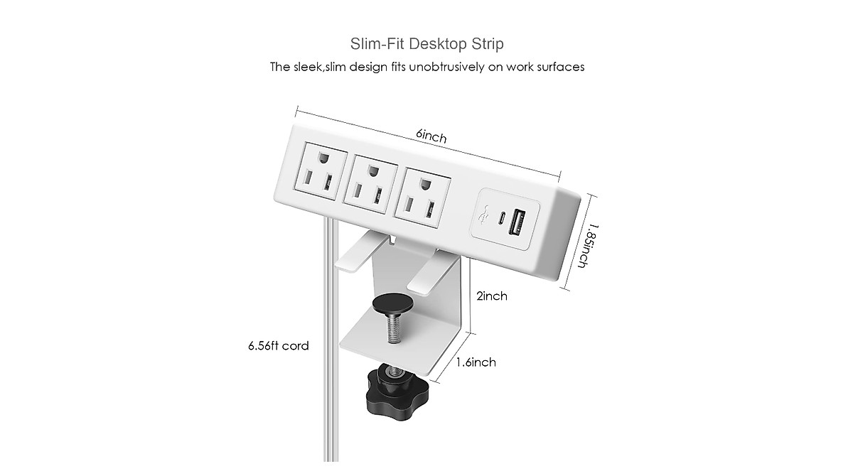 White Desktop Clamp Power Strip - USB C PD & Surge Protector