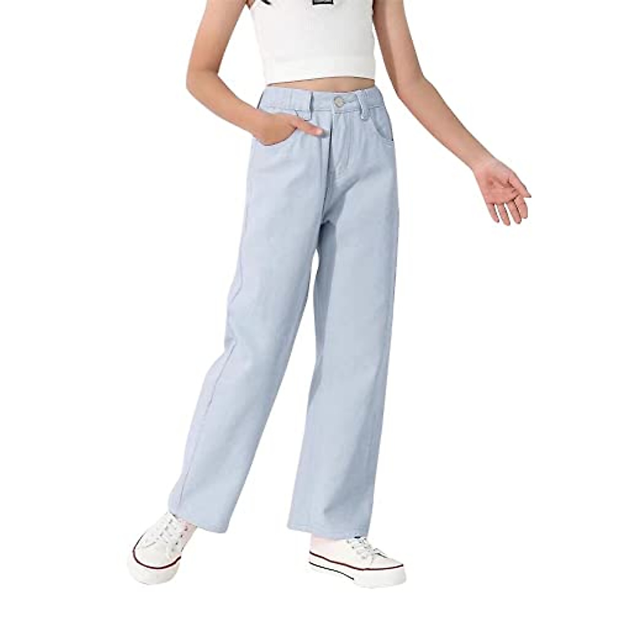 thefabland Girls Casual Denim Pants High Waisted Wide Leg Jeans with Pocket Light Blue