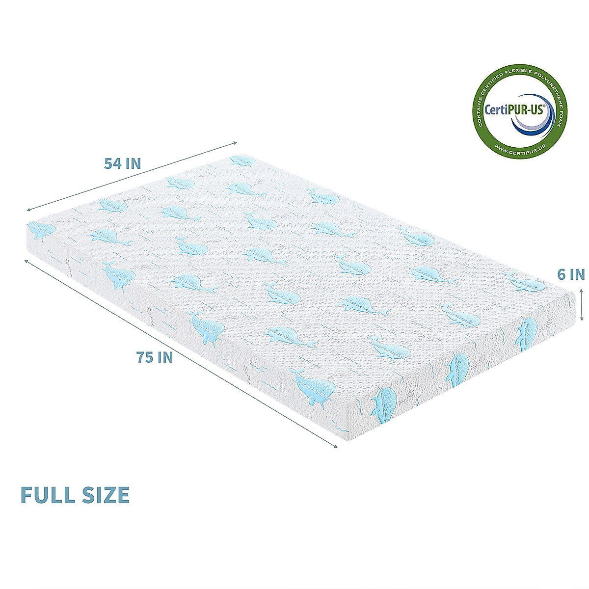 OUUI 6 Inch Full Mattress, Removable Washable Cover with Whales Pattern Cooling Memory Foam Medium Feel, Bed-in-a-Box, CertiPUR-US Certified, White/Blue
