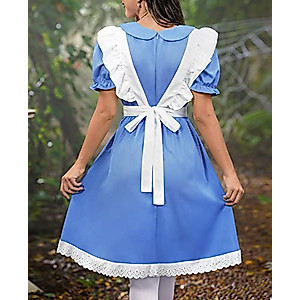 Spadehill Women's Halloween Puff Sleeve Lace Hemline Costume Alice Adult Princess Cosplay Dress Blue White S