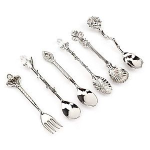 Fdit 6Pcs/Set Vintage Carved Coffee Spoon Teaspoon Retro Zinc Alloy Dessert Coffee Tableware Spoons Cutlery Kitchen(Silver)