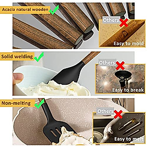 Silicone Cooking Utensil Set, Umite Chef 8-Piece Kitchen Utensils Set with Natural Acacia Wooden Handles,Food-Grade Silicone Heads-Silicone Kitchen Gadgets Set for Nonstick Cookware- Black