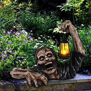 VEMART Costume Props, Zombie Gnome Garden Statues Solar Lights The Zombie with Solar Led Lantern Resin Horror Movie Garden Gnomes Statue Halloween
